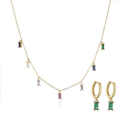 China Stainless Steel 18K Gold Plated Zircon Jewelry Set Square Crystal Pendant Necklace Earrings for sale