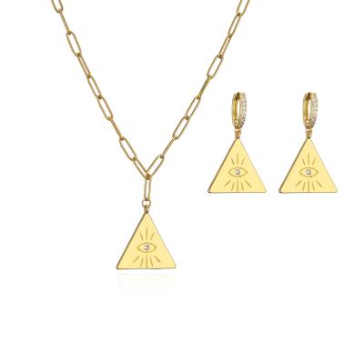 China 925 Sterling Silver Triangle Evil Eye Pendant Necklace and Earring Set Gold Plated for sale