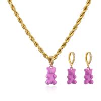 China 18K Gold Plated Brass Teddy Bear Necklace and Earring Set Drip Oil Cute Jewelry for sale