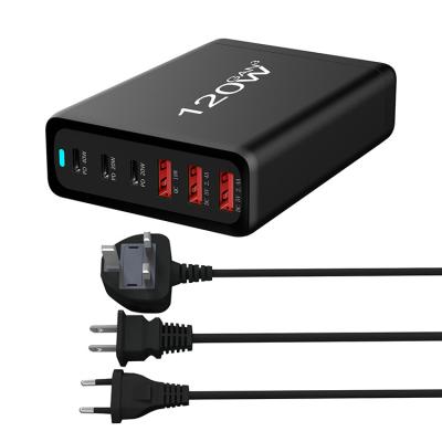 China Wholesale Gan Technology 120w Usb C Desktop Charger Fast Charger Power Adapter Station 6 Port Wall Charger for sale