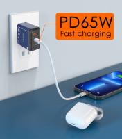China Factory Silkscreen Gan 65w Power Adapter Eu Us Plug 3 Ports Qc 3.0 Type-c Pd Mobile Phone Travel Chargers 65w Gan Charger for sale