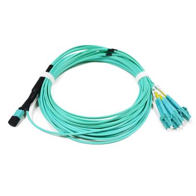 China OM3 40G OFNP MPO/MTP To LC Fanout Patch Cord Fiber Optic Customized Length for sale