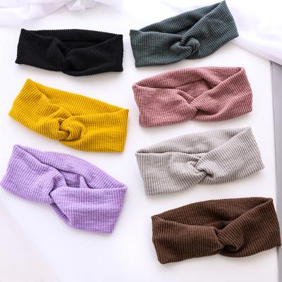 China Brown Elastic Hair Band for Baby Girls Autumn Winter Striped Wool 6.5cm Wide for sale