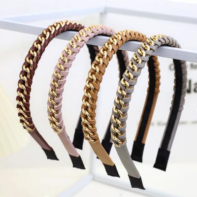 China Wholesale Imitation Leather Twist Metal Chain Pu Hair Bands Braid Headband 1.5cm Width 40g for sale