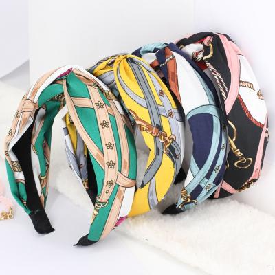 China Chain Satin Cross Hair Band Knot Hairband Wide Edge Printing Headband 7cm for Women for sale