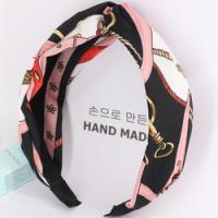 China Chain Satin Cross Hair Band Knot Hairband Wide Edge Printing Headband 7cm for Women for sale