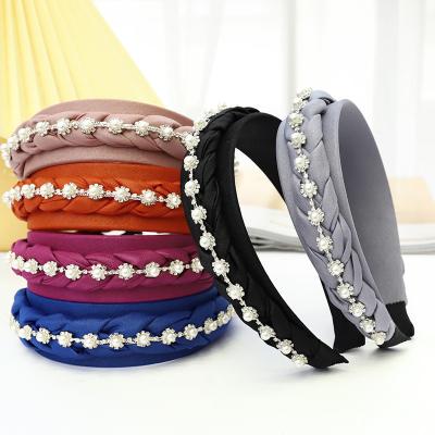 China Fabric Pearl Headband 4cm Wide Fashion Braid Hair Band for Women Girls Elastic Memory Plastic for sale