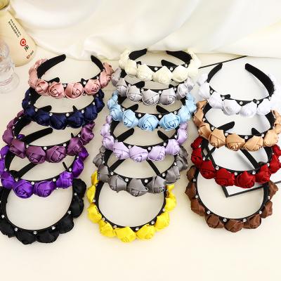 China Fabric Rose Diamond Hair Band for Women 3cm Flexible Memory Plastic Headband for sale