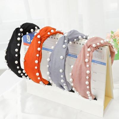 China Fabric Hair Bands for Women 5cm Wide Solid Color Cloth Headband with Pearl Decoration Anti Slip for sale