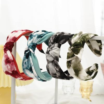 China Tie Dyed Fabric Cross Knot Headband for Women 6cm Width 38g Soft Non Slip Hairband for sale