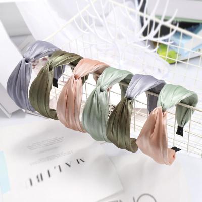 China Plain Color Cross Knotted Wide Silk Headband 7cm Flexible Memory Plastic Hair Band for Women for sale