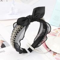 China Shiny Diamond Pearl Bow Hair Band 7cm Wide Elastic Memory Plastic Women Hair Accessories for sale