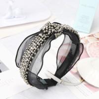China Shiny Diamond Pearl Bow Hair Band 7cm Wide Elastic Memory Plastic Women Hair Accessories for sale