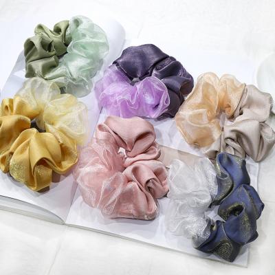 China Wholesale Multicolor Organza Hair Scrunchies 10cm Fabric Rubber Ponytail Bands for Women Girls for sale