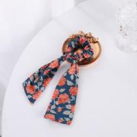 China Silk Scarf Hair Tie Ponytail Holder Bow Pearl Broken Flowers 9 Inch Scrunchies for Women for sale