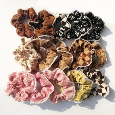 China Wholesale Handmade Pearl Lace Fabric Mickey Scrunchies Hair Ties 10cm for Women Girls for sale
