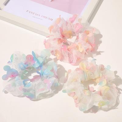 China Wholesale Girls Organza Scrunchie Hair Ties 11cm Cute Pink Lace Flower Elastic Ponytail Holders 4g for sale
