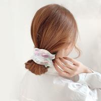 China Wholesale Girls Organza Scrunchie Hair Ties 11cm Cute Pink Lace Flower Elastic Ponytail Holders 4g for sale