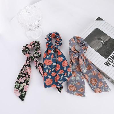 China Pure Silk Hair Scrunchies 14x23cm Retro Hair Ties Rubber Band Floral Ribbon for Women for sale