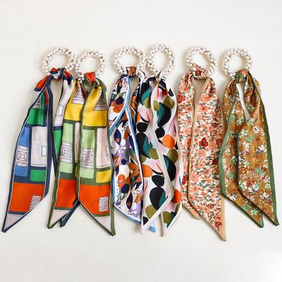 China Printed Silk Scarf Hair Circle Scrunchies 7x66cm 22g Women Hair Accessories Elastic Bowknot for sale