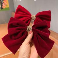 China Velvet Bow Decorative Hair Clip for Thick Hair Pure Color Red Metal Chain 22cm 24g for sale