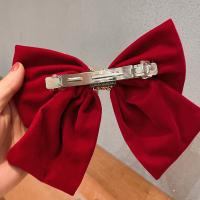 China Velvet Bow Decorative Hair Clip for Thick Hair Pure Color Red Metal Chain 22cm 24g for sale