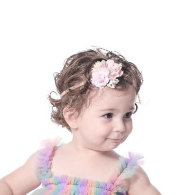 China Infant Baby Girls Nylon Headband with Pearl Flower 10x6cm Stretchy Hair Accessory for sale