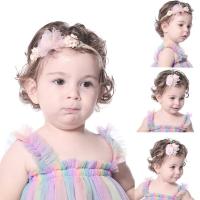 China Infant Baby Girls Nylon Headband with Pearl Flower 10x6cm Stretchy Hair Accessory for sale