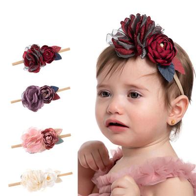 China Toddler Nylon Knot Headband with Simulated Stitching Flowers 6 Inch Baby Girl Hair Accessory for sale