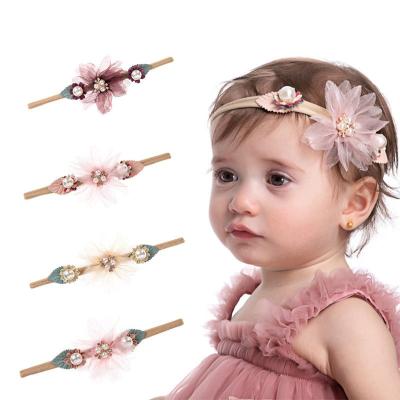 China 3pcs Baby Nylon Flower Headbands Elastic Net Yarn Soft Girl Hair Band 12x7cm for sale