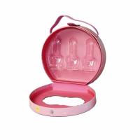 China Pink Snap Closure Birthday Gift Makeup Box Round With PU Handle for sale
