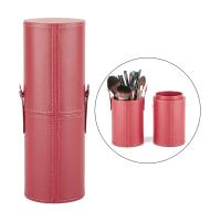 China Cylindrical Makeup Brush Tube Case Red Vegan Leather Satin Lining for sale