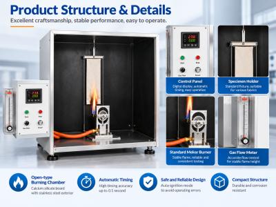 China NFPA701-2004 Compliant Vertical Flammability Tester with Adjustable Heating Rate and Precision Ignition Time for sale