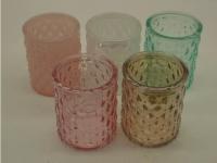 China Votive Candle Holders, Set Embossed Pattern Pink Glass Tealight Holders Bulk for Wedding for sale