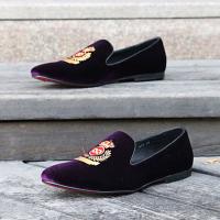 China Various Occasions Mens Brown Leather Loafer Shoes , Crown Embroidered Velvet Slipper for sale