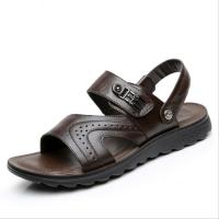 China Flat Handmade Leather Sandals Mens  Leisure Black Beach Sandals With Leather Upper for sale