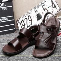 China Flat Handmade Leather Sandals Mens  Leisure Black Beach Sandals With Leather Upper for sale