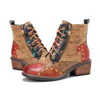 China Brown Women'S Leather Boots Low Heel Ladies Lace Up Ankle Boots for sale