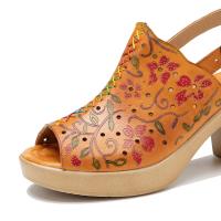 China Bohemian Fashion Women Sandals Orange Leather Block Heel Sandals for sale