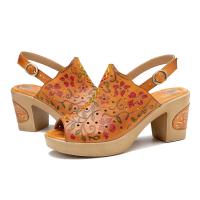 China Bohemian Fashion Women Sandals Orange Leather Block Heel Sandals for sale