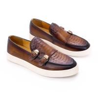 China Low Heel Men Round Toe Slip On Sneakers , Crocodile Texture Leather Horsebit Loafers for sale