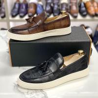 China Low Heel Mens Slip On Tassel Shoes Black / Brown Men Genuine Leather Casual Shoes for sale