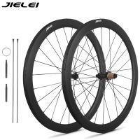 China JIELEI 700c Carbon Fiber Road Bike Wheelset 46mm 24H Clincher Tubeless Disc Brake T800 for sale