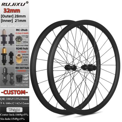 China RUJIXU 700c 32mm Carbon Clincher Disc Brake Wheelset 24 Holes Tubeless Road Bike Wheels for sale