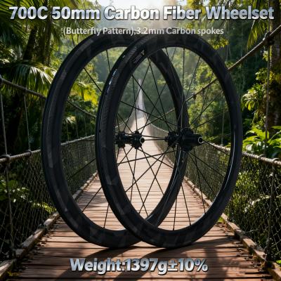 China 700C 50mm Carbon Fiber V Brake Wheelset 6-Pawl Hub Quick Release 16 21H Clincher Tubeless Ready for sale