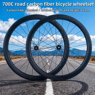 China 45mm Carbon Fiber Disc Brake Wheelset 700C 36T Ratchet Hub Tubeless Clincher Road Bike for sale