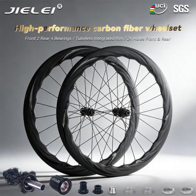 China JIELEI 5045mm Carbon Fiber Road Bike Wheelset 700C Disc Brake 36T Ratchet Hub Clincher Tubeless for sale