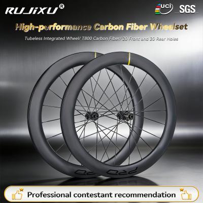 China RUJIXU T800 Carbon Fiber 60mm Deep Disc Brake Wheelset 700c Clincher Tubeless 24H 36T Ratchet for sale