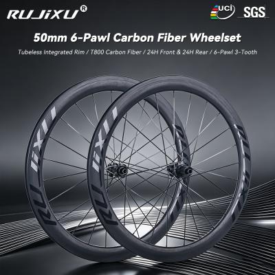 China RUJIXU 700C 50mm Carbon Fiber Road Bike Wheelset Disc Brake Thru Axle Tubeless Compatible 1600g for sale