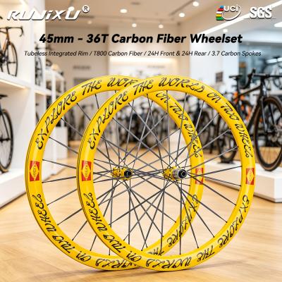 China RUJIXU T800 Carbon Fiber Road Bike Wheelset 45mm Depth Disc Brake 700C 24H Clincher Tubeless for sale